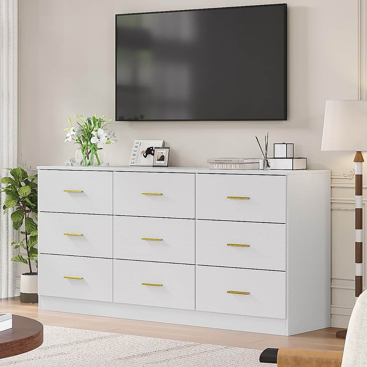 Angel Sar 9 Drawer Dresser for Bedroom, Modern White Dresser, Long Chest of Drawers with Golden Handles, Leg Free Design & Smooth Slides, Double Drawer Dresser for Closet, Sturdy Wooden Dresser