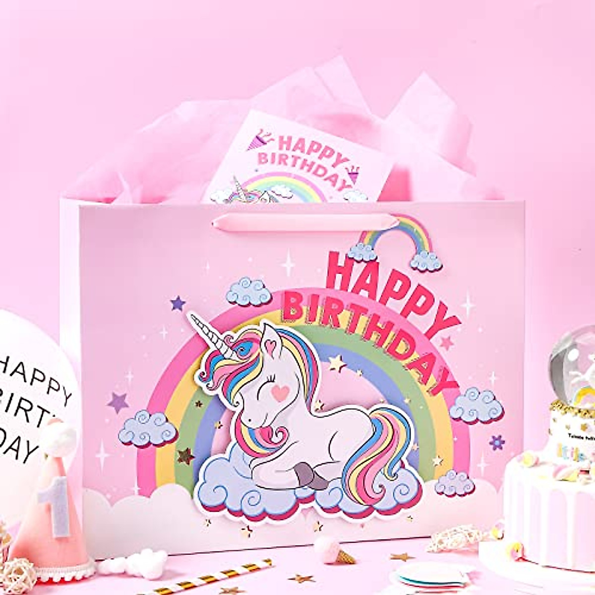 WRAPAHOLIC 16" Extra Large Birthday Gift Bag with Card and Tissue Paper - Fantacy Unicorn Happy Birthday