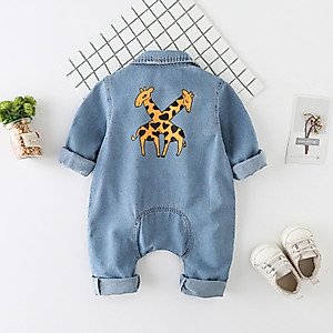 Alunsito Autumn Toddler Baby Boy Romper Long Sleeve Jumpsuit Animal Printed One-Piece Button-Down Denim Bodysuit Giraffe 73 3-6 Months