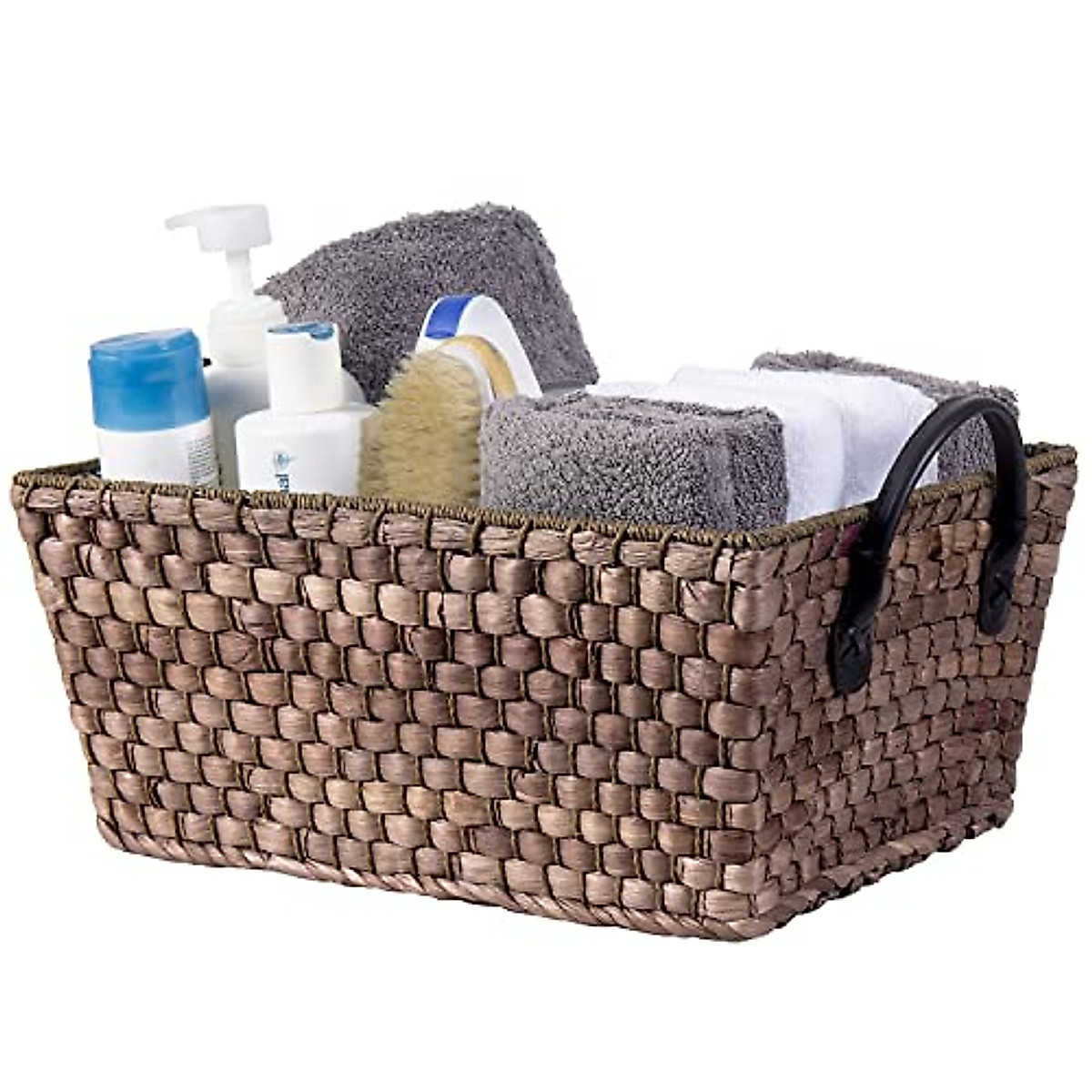 MyGift Woven Brown Wicker Handled Storage Basket with Decorative Striped Fabric Liner, Rectangular Open Organization Basket Bin for Nursery, Magazines Pet Toys, Media and Small Household Items