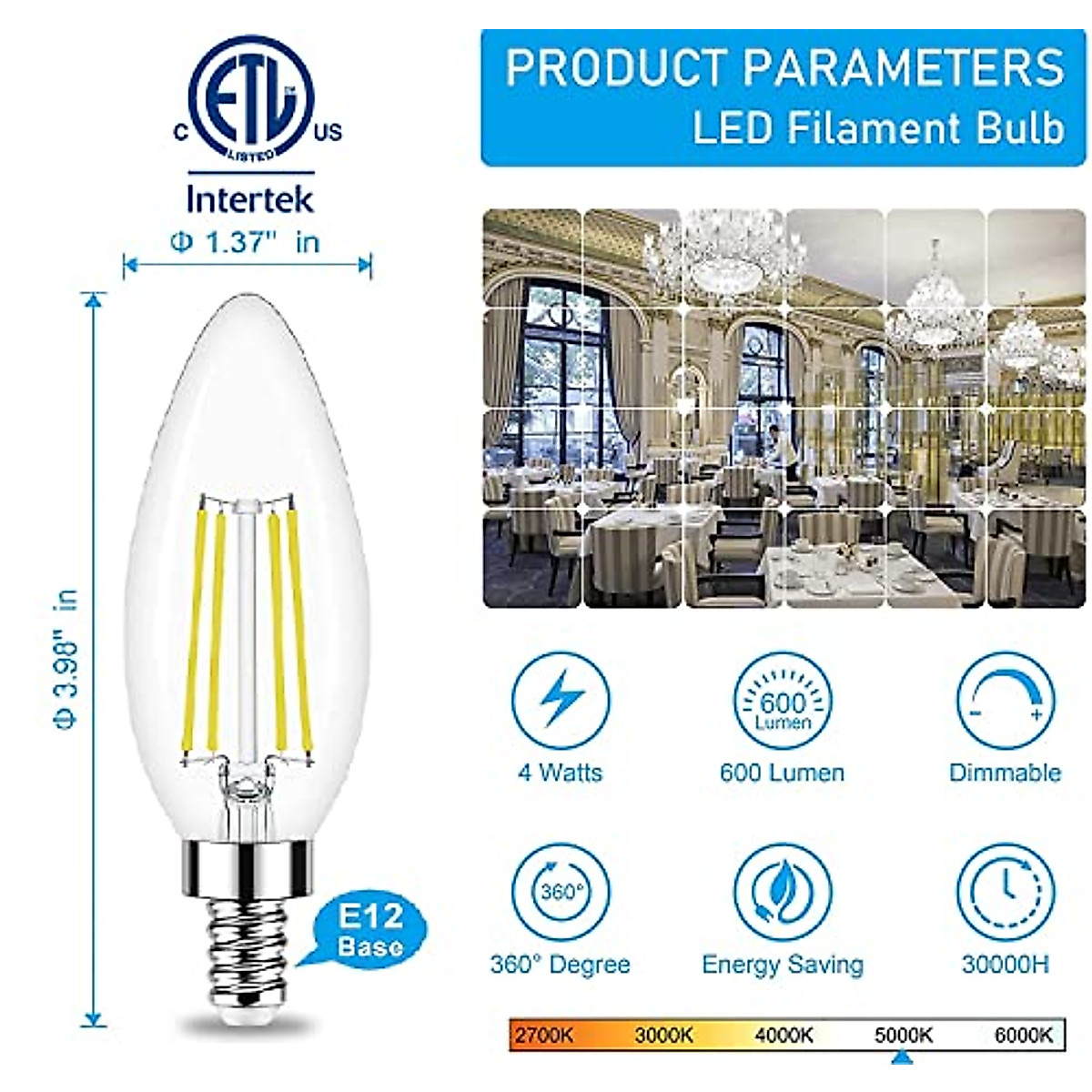 Candelabra LED Bulb, E12 Small Light Bulbs 5000K Daylight Dimmable - 60W Equivalent Ceiling Fan Bulbs Type B Edison Filament Candle Bulbs,Honesorn C35 B11 Clear Glass Chandelier Bulbs 600LM,Pack of 6
