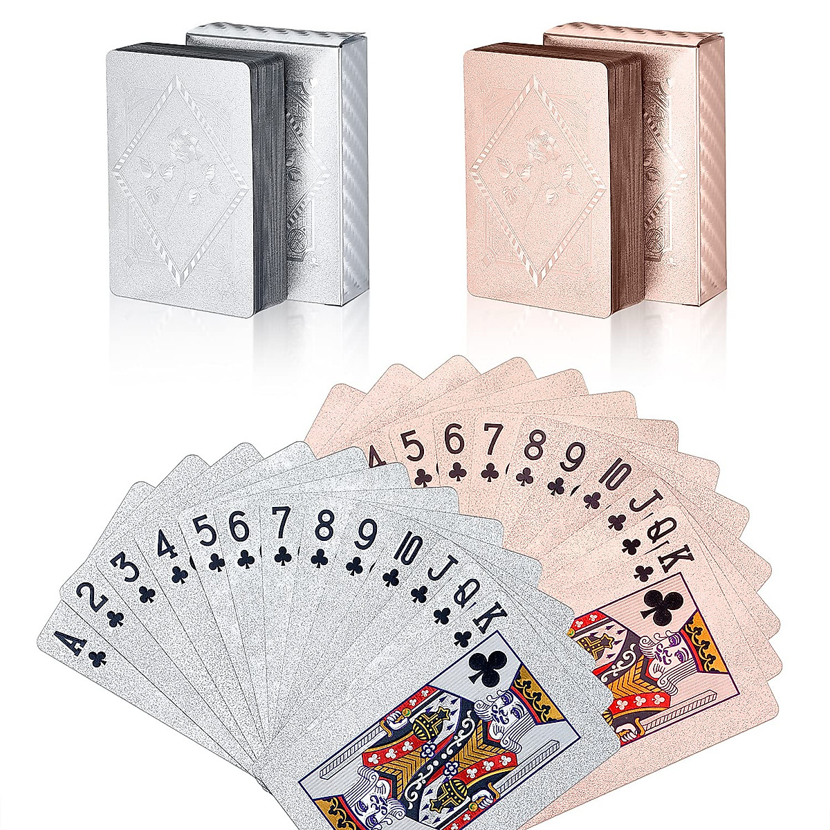 Zayvor 2 Decks Playing Cards Foil Poker Cards Deck of Cards 24K Gold Diamond Foil Poker Cards Waterproof Plastic Cards with Gift Box,Game Tools for Family Game Party- Cool Silver and Rose Gold