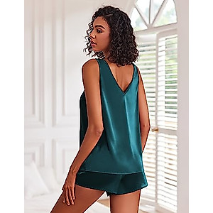 Ekouaer Silk Pjs for Women Set Sleevelesss Loungewear Two Piece Satin Pajamas Tank Top Sleeping Shorts Set Nightwear (Blue Green,L)