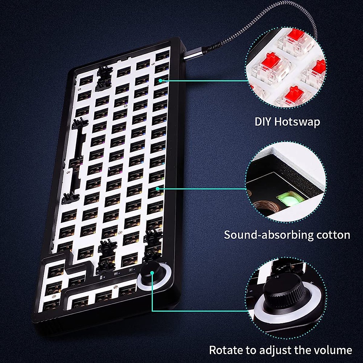 GK68 RGB Hot-Swappable Programmable Junction Box Can Be Replaced with Switch DIY Mechanical Keyboard Kit, Support AKKO, Cherry MX, Gateron, Kailh Mechanical Switch (Black)