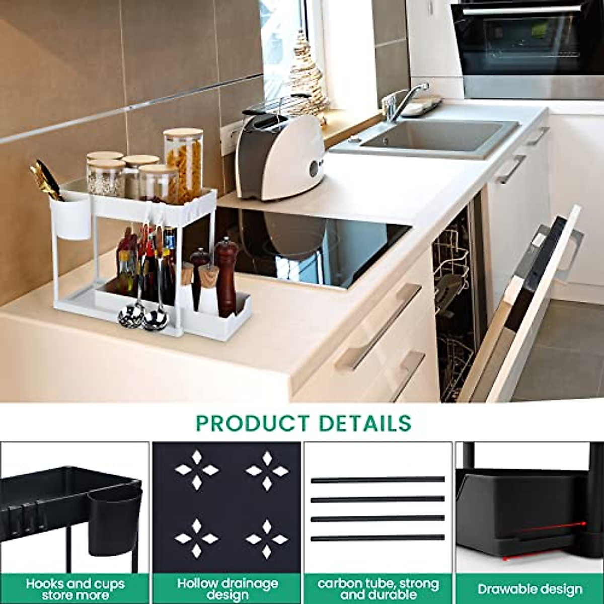Qucover 2 Tier Under Sink Organizer, 2 Pack Bathroom Cabinet Organizers and Storage Sliding, Waterproof Kitchen Sink Organizer Under Cabinet Storage with Hooks, Hanging Cup, Black & White