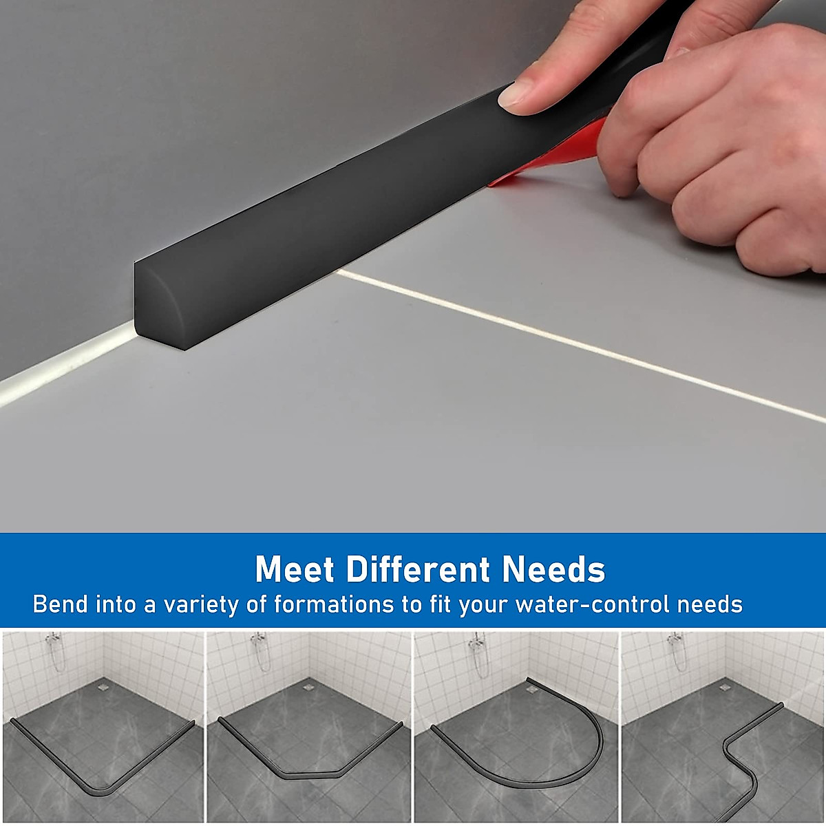 Shower water guard, Self adhesive shower water dam right angle water stopper shower Collapsible, Corner Water Strip Dam for Countertop to keep water Inside 0.71''Hx 0.86''W (39inch, black)