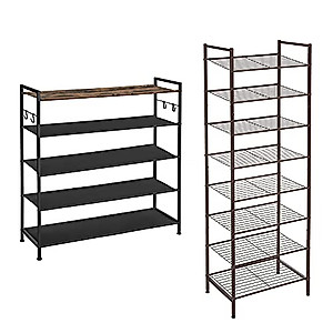 SONGMICS 5-Tier Shoe Storage Organizer and 8-Tier Tall Storage Rack Bundle, Shoe Storage Shelf, Narrow Shelf Organizer, Adjustable Feet, Rustic Brown, Black and Bronze ULMR035B01 and ULMR028A01