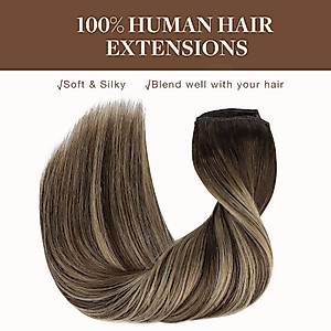 GOO GOO Wire Hair Extensions Human Hair, 4/26/4 Chocolate Brown with Honey Blonde Balayage 14inch 75g, Invisible Wire Hair Extensions with Transparent, Seamless Fish Line Hairpiece