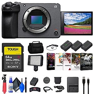 Sony FX30 Digital Cinema Camera (ILME-FX30B) + 64GB SF-G Tough Card + Bag + 2 x NP-FZ100 Compatible Battery + LED Light + Charger + Corel Photo Software + Flex Tripod + Hand Strap + More (Renewed)