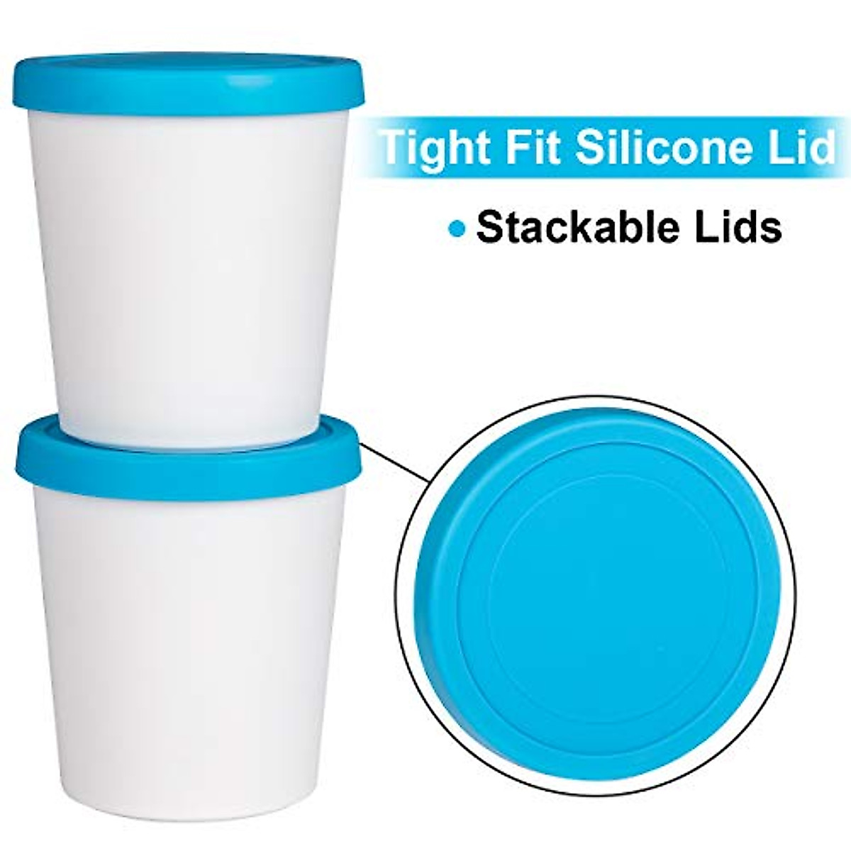 DUNCHATY Ice Cream Containers (Set of 2, 1 Quart Each) Freezer Dessert Containers Reusable Ice Cream Storage Cups with Silicone Lids for Homemade IceCream Frozen Yogurt Sorbet Blue