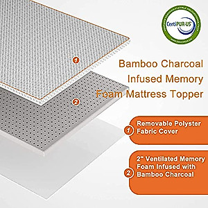 Maxzzz Memory Foam Mattress Topper Twin, 2 Inch Bamboo Charcoal Mattress Topper Bed Topper with Removable Soft Cover, Ventilated Design & CertiPUR-US Certified Foam Topper(Twin)