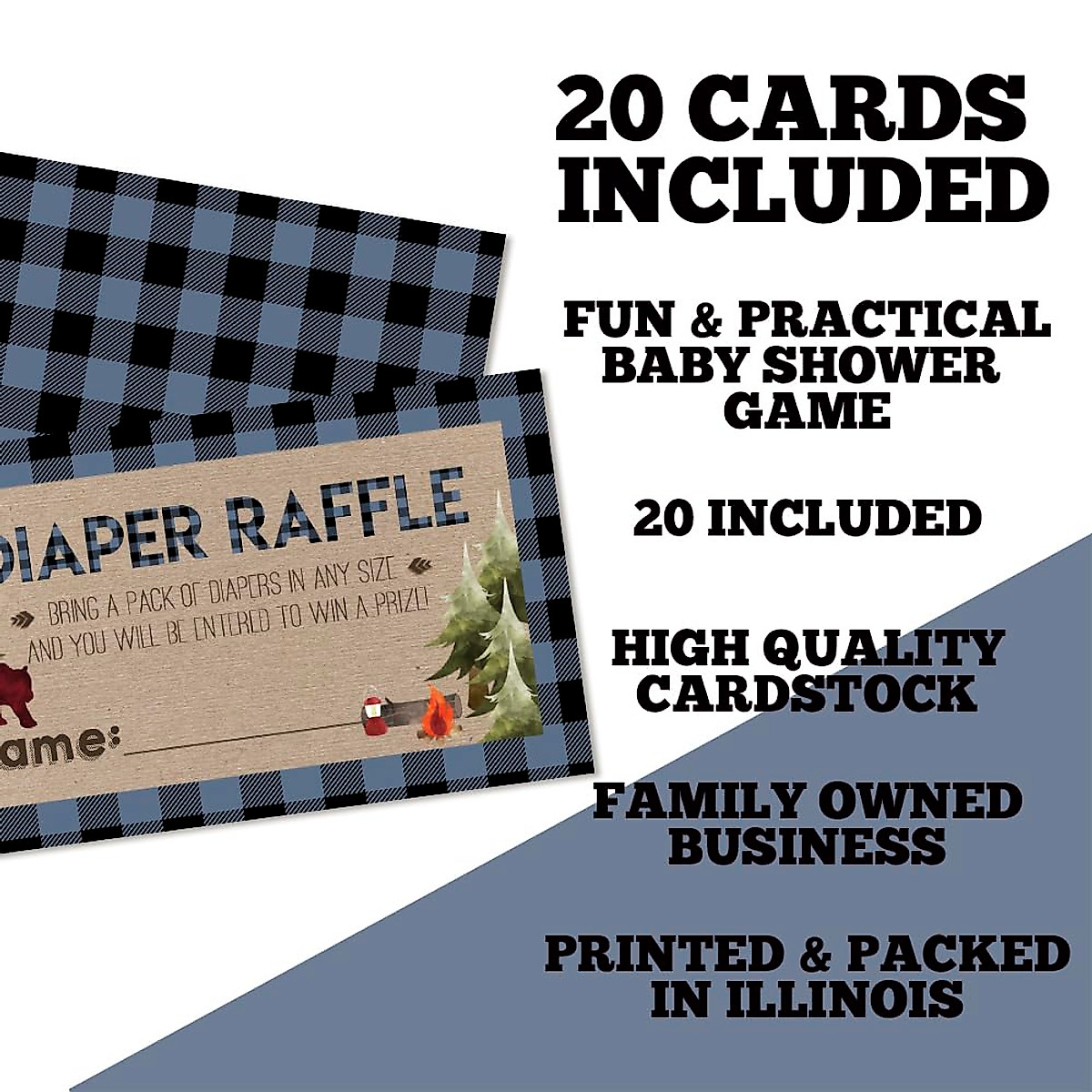 Amanda Creation Oh Boy! Outdoorsy Blue and Black Plaid Lumberjack Diaper Raffle Tickets for Boy Baby Showers, 20 2" X 3” Double Sided Inserts, Bring a Pack of Diapers to Win Favors &