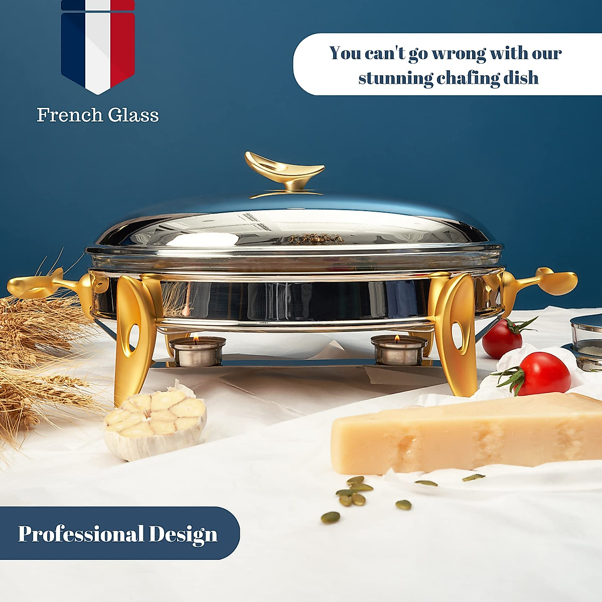 Rigeli Regent O2 Stainless Steel 3 Lt. Oval Warmer with Stainless Steel Cover, Chafing Dish, Buffet Servers, Gold, Silver