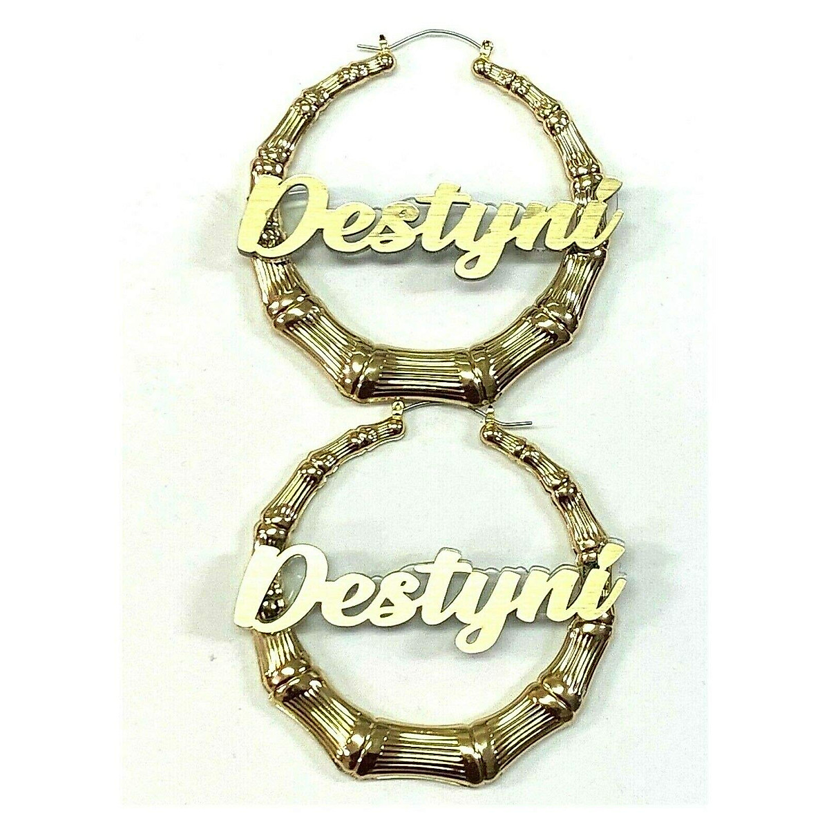 Stylish Bamboo Earrings Personalized Custom Gold 1.5, 2.5, 3.5" Size and Background Color Choice Hoop Name Plate Laser Cut Made To Order - Any Name Script Cursive Letters Stunning, Quality, Attractive (3.5" Bamboo Earrings)