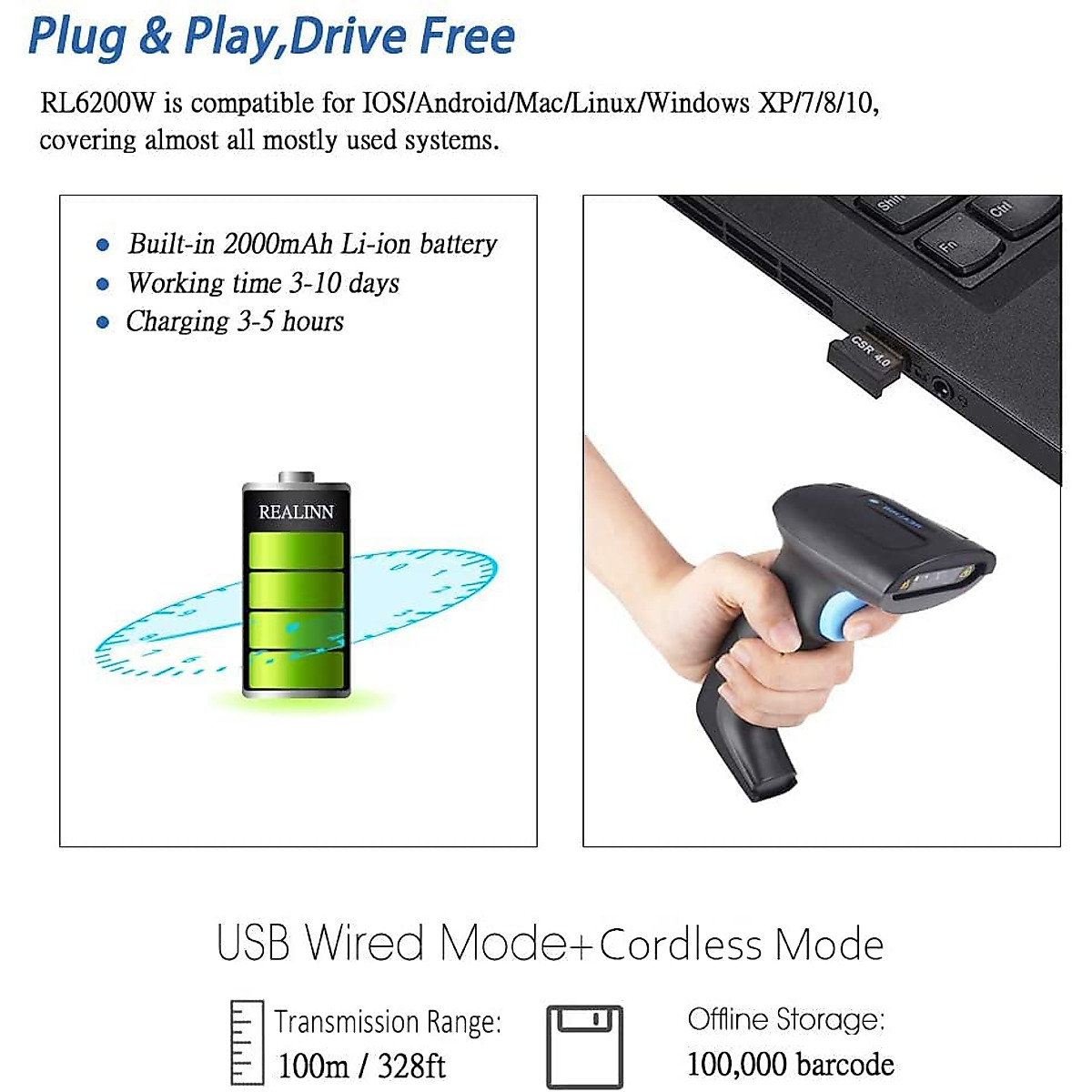 REALINN Wireless 2D QR Barcode Scanner Rechargeable Automatic Hanheld Code Reader Dustproof Waterproof Shockproof Fast and Precide for Mobile Payment, Store, Supermarket, Warehouse