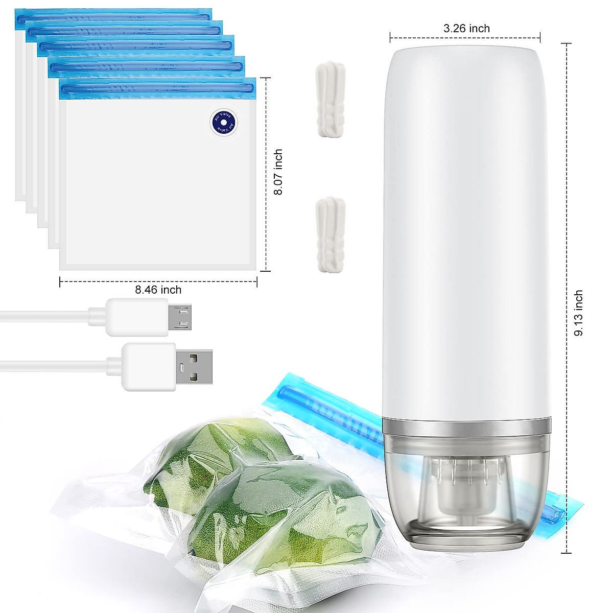 Handheld Vacuum Sealer, BlumWay Portable Cordless Food Vacuum Automatic Vacuum Air Sealing Machine Mini Vacuum Sealer for Sous Vide Bags Fresh & Save with 5 Reusable Zipper Vacuum Bags