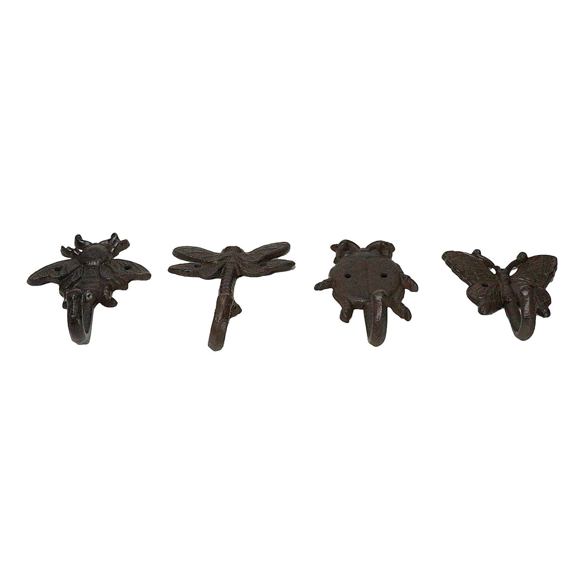 Ebros Set of 4 Cast Iron Vintage Rustic Fancy Bugs Bee Ladybug Butterfly and Dragonfly Wall Hooks Plaque Countryside Western Vintage Cottage Home Or Office Organization