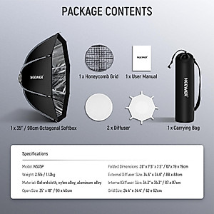 NEEWER 35"/90cm Octagonal Softbox, Quick Release Bowens Mount Softbox with Honeycomb Grid, Light Diffusers, Bag for RGB CB60 CB60B CB200B MS60B MS60C MS150B S101-300W/400W Pro Vision 4 Q4, NS35P