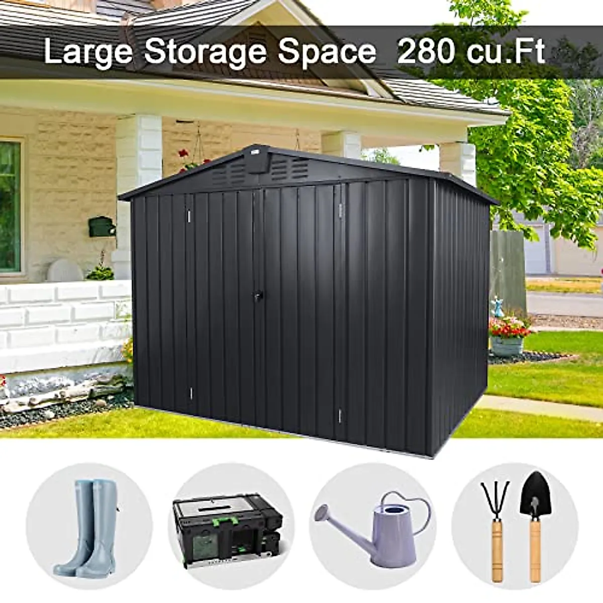Domi Outdoor Storage Shed 8.2'x 6.2', Metal Garden Shed for Bike, Trash Can, Tools, Lawn Mowers, Pool Toys, Galvanized Steel Outdoor Storage Cabinet with Lockable Door for Backyard, Patio, Lawn