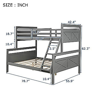 Ochangqi Twin Over Full Bunk Bed Frame with Ladder, Solid Wood Bunk Beds Loft Bed Frame Twin Over Full Size with Guardrail, Can Be Separated Into Twin/Full Size Bed, No Box Spring Needed (Gray)