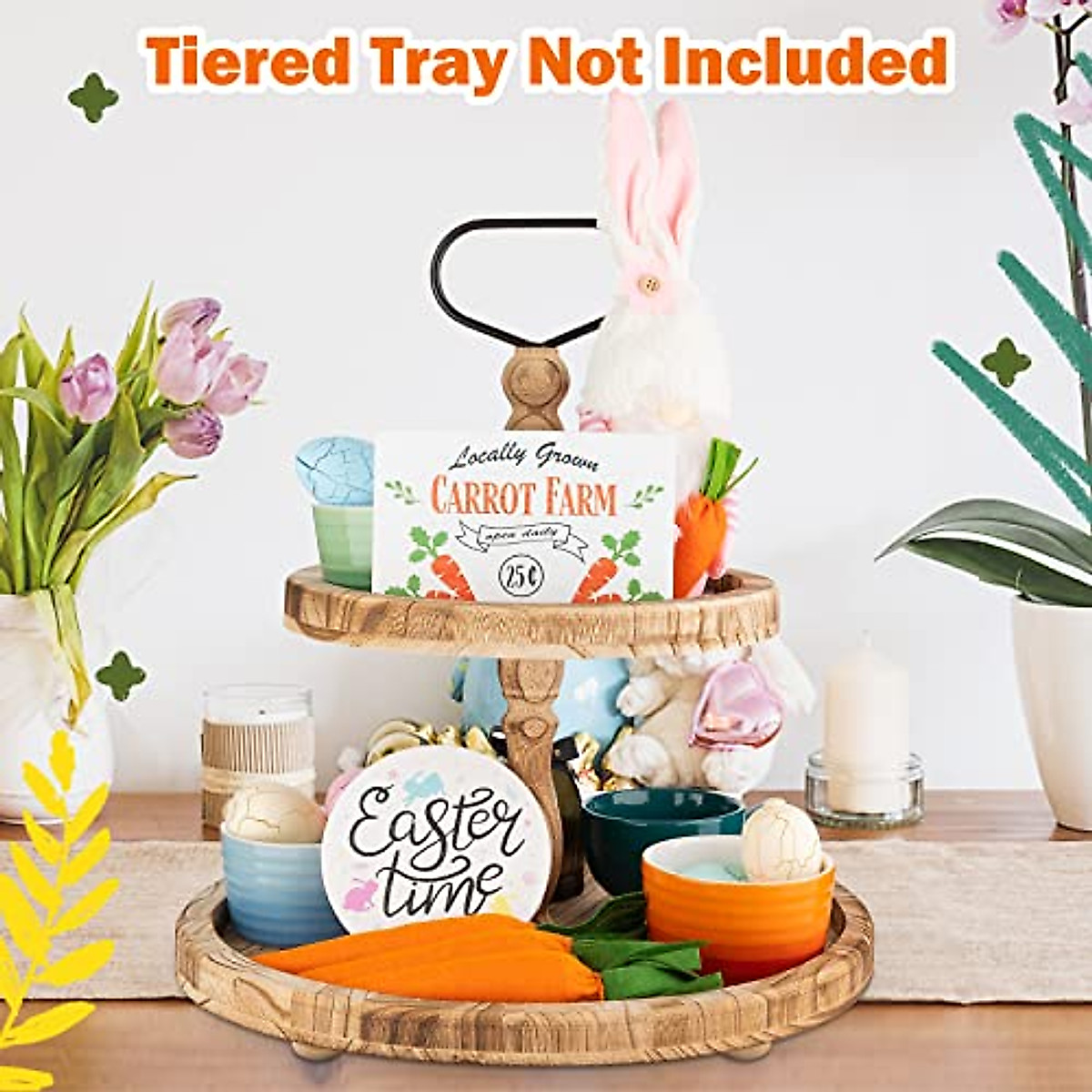 Easter Decorations - Easter Decor -6 Pieces Tiered Tray Decor Set Gnomes Plush,3 Carrots and 2 Wooden Signs Farmhouse Rustic Tiered Tray Decro for Home Table House Room
