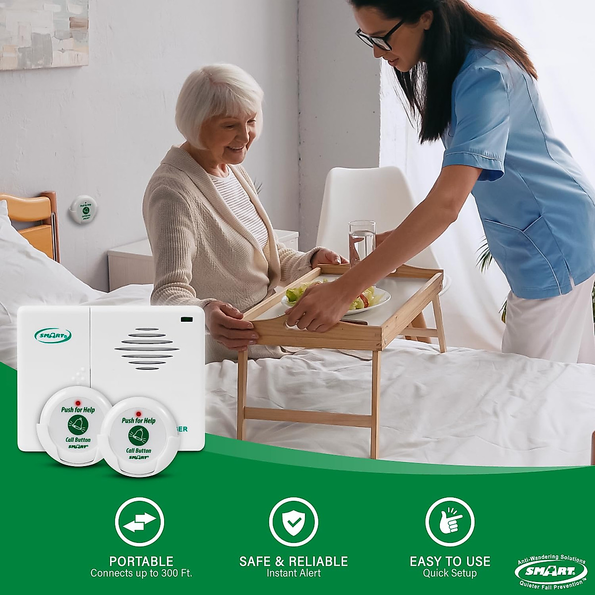Smart Caregiver Two Call Buttons & Wireless Caregiver Pager for Fall Prevention and Elderly Assistance | Caregiver Call Button with Wearable Lanyard | Nurse Call Alert System with Up to 300' Range