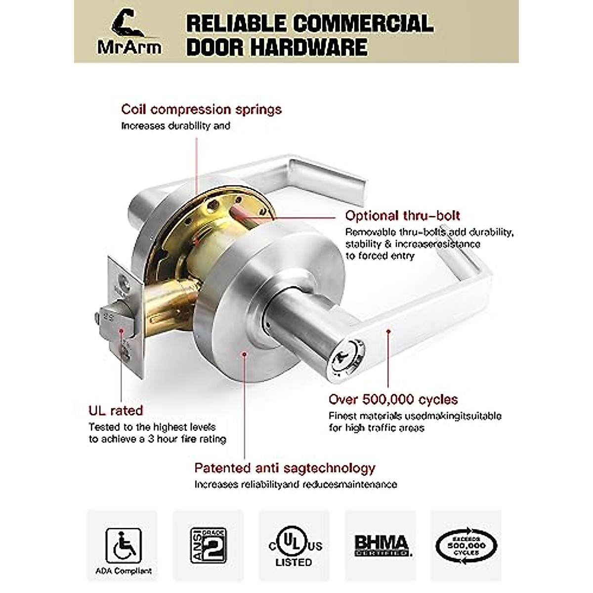 MrArm Commercial Door Lever Lock, Heavy-Duty Locking Door Handle, Designer Door Handles, Cylindrical Lever Lock, Non-Handed Grade 2 Industrial Standard Door Handle, Satin Chrome(Keyed Entry)