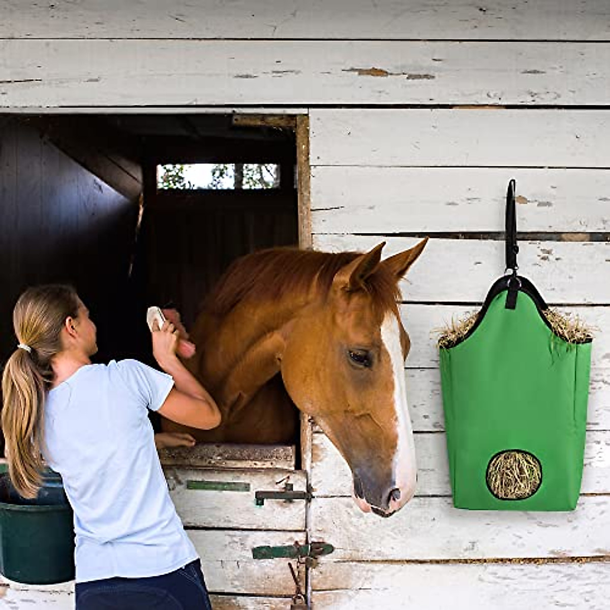 Premium Horse Slow Feed Hay Bag with Metal Snap Fastener and Heavy Adjustable Strap –