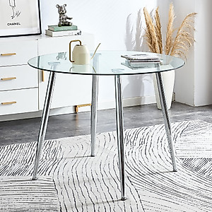 Deolme Modern Dining Table Set, Round Glass Table and 4 Clear Acrylic Chairs, Sturdy Chrome Legs, Easy to Clean, for Kitchen and Living Room