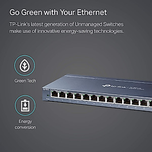TP-Link 16 Port Gigabit Ethernet Network Switch | Desktop/ Wall-Mount | Lifetime Protection | Fanless | Sturdy Metal w/ Shielded Ports | Traffic Optimization | Unmanaged (TL-SG116) (Renewed)