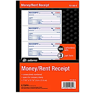 Adams Money and Rent Receipt Books New Color Cover, 3 Part Carbonless, 3 Pack, 7-5/8" x 10-7/8", Spiral Bound, 100 Set Book, 4 Receipts per Page reciept Book Booklet (TC1182 -E)