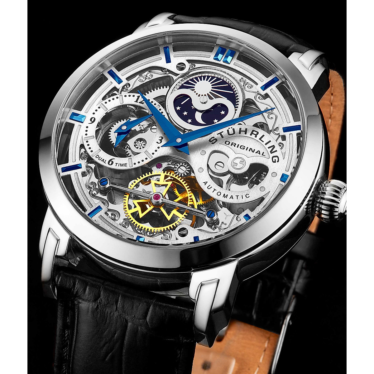 Stuhrling Original Legacy Men's Automatic Watch Stainless Steel 46 MM Case Genuine Leather Strap Watch Black (Silver)