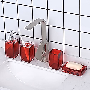 Yueranhu Red Bathroom Accessories Set, 4-Pieces Acrylic Bathroom Accesory Set Decor Gift - Toothbrush Holder, Toothbrush Cup, Soap/Lotion Dispenser, Soap Dish