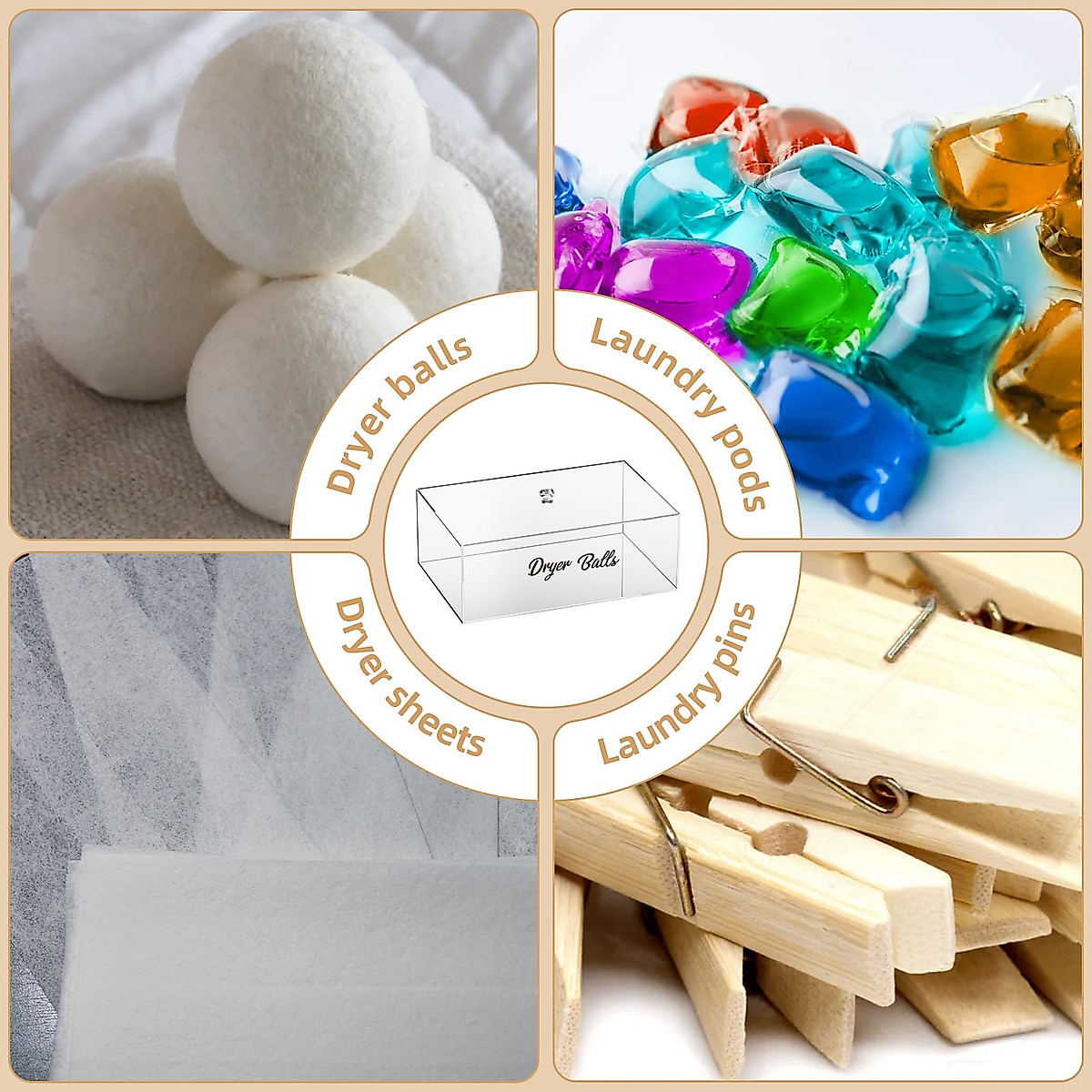 Dryer Ball Holder for Laundry Room ,Acrylic Dishwasher Pods Container with Lid,Dryer Balls Dispenser,Laundry Room Organization and storage Box for Laundry Pods,Clips,Dryer Balls and Sheets (No Balls)