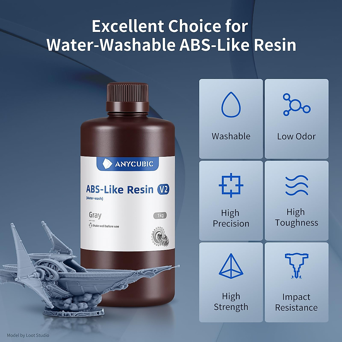 ANYCUBIC Water Washable ABS-Like 3D Printer Resin, High Toughness and Durability, High Precision and Easy to Post-process, Low odor, Wide Compatibility for all LCD Resin 3D Printers (Grey, 1kg)