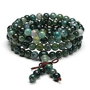 Jovivi 108 Mala Beads Bracelet 6mm Natural Green Moss Agate Gemstone Healing Crystal Stone Beaded Bracelet Hand Knotted Prayer Mala Beads Necklace for Yoga Meditation Balance