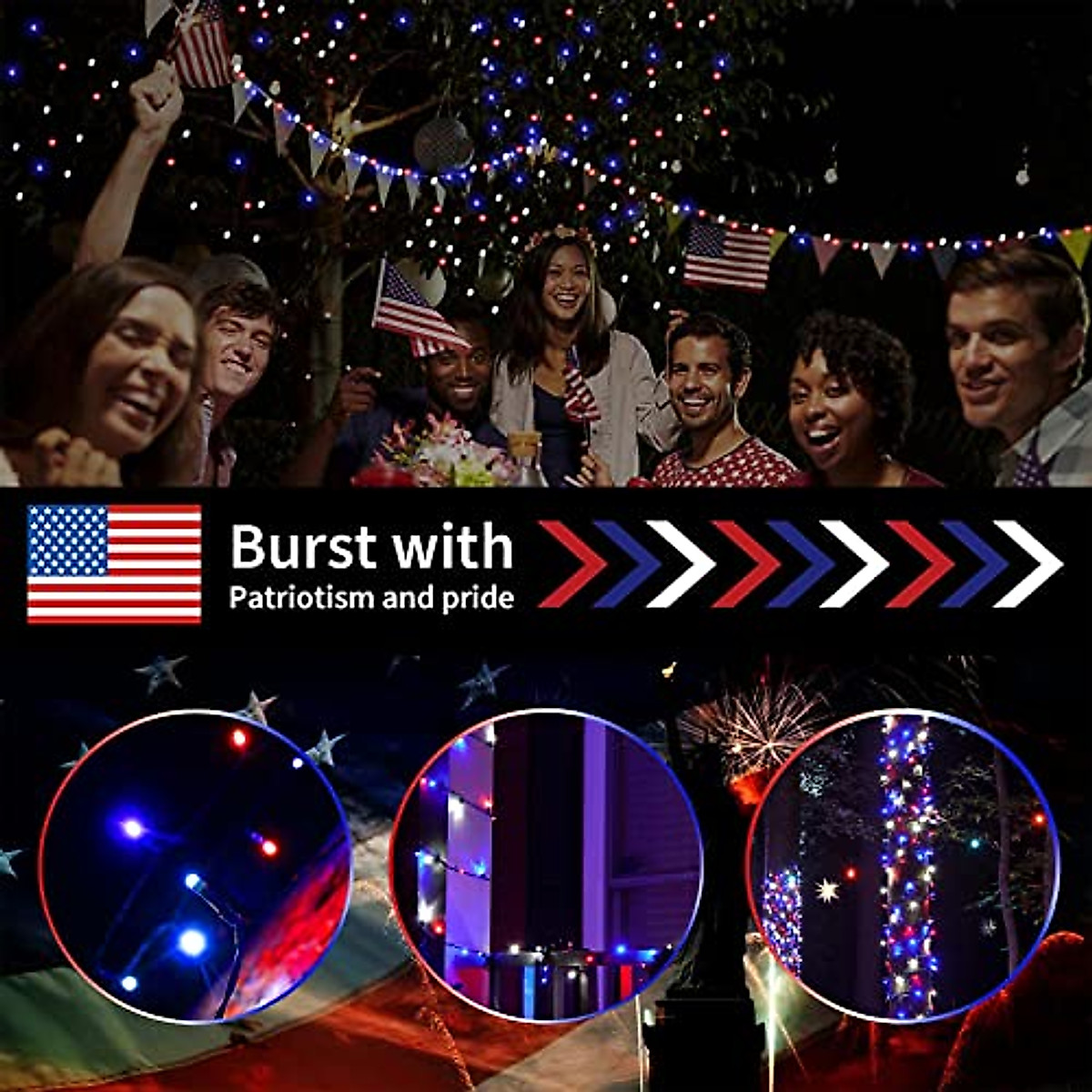 Red White Blue Solar String Lights Outdoor, 2 Sets Each 72.2Ft 200Led Patriotic Lights, 4th of July Decoration Green Wire Lights with 8 Modes for Memorial, Independence Day, Garden, Patio, Yard