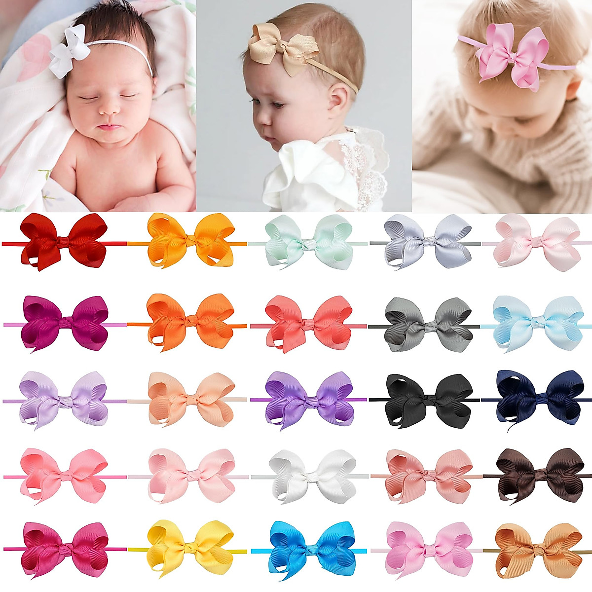 CellElection 25 Colors Baby Girls Headbands 3Inch Grosgrain Ribbon Small Hair Bows Nylon Headbands Soft Stretch Nylon Hairbands Elastics for Newborns Infants Toddlers Kids Children