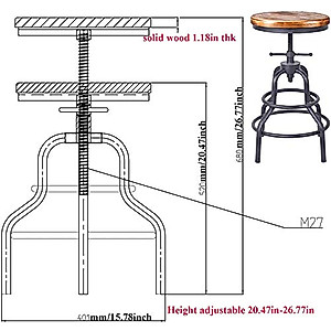 Diwhy Industrial Vintage Bar Stool,Kitchen Counter Height Adjustable Screw Stool ,Swivel Bar Stool,Metal Wood Stool,27 Inch,Fully Welded Set of 2 (Wooden Top)