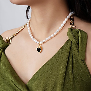 2023 New 925 Sterling Silver Dainty Freshwater Cultured Pearl Strand Necklace Black Agate Love Heart Pendant White Genuine Real Pearls Jewelry Gifts for Her 7-8mm Black Heart