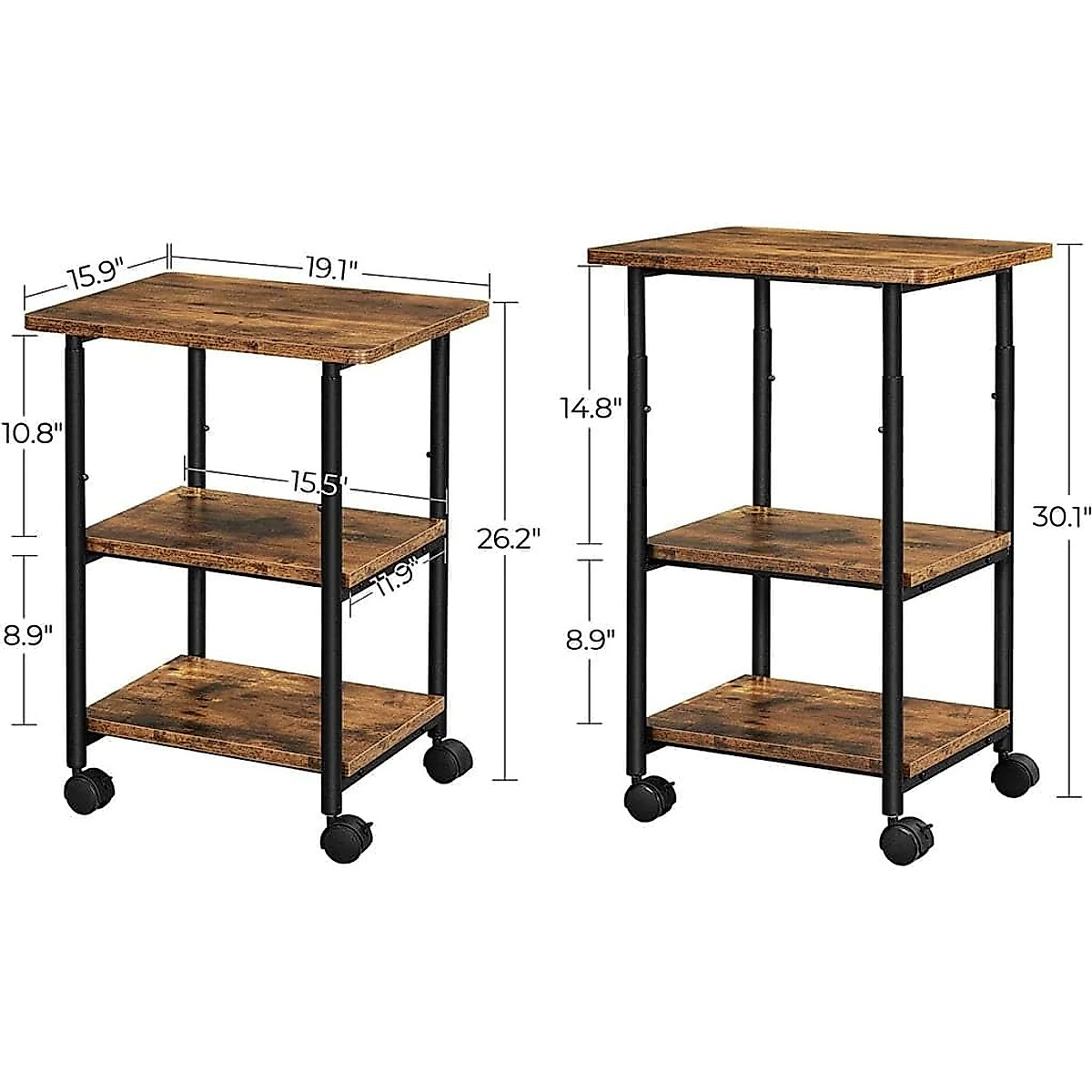 VASAGLE Industrial Printer Stand, 3-Tier Machine Cart with Wheels and Adjustable Table Top, Heavy Duty Storage Rack for Office and Home, Rustic Brown and Black UOPS003B01