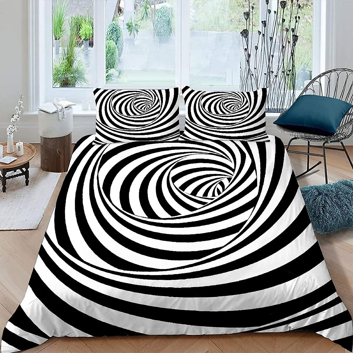 Duvet Set Psychedelic Black And White Illusion Lines Swirl Complete Bedding Set Microfiber Printed Design With 2x Pillow Cases(20"x36") Bedding Quilt Cover With Zipper, California King(104"x98")