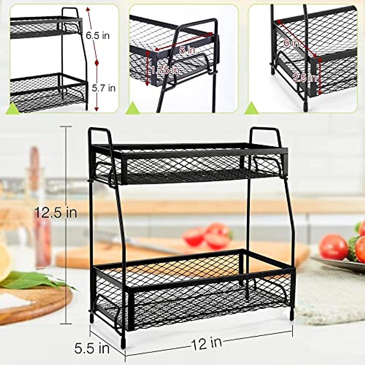 Spice Rack Organizer for Countertop, 2 Tier Metal Foldable Non-Slip Countertop Organizer, Countertop Spice Rack for Kitchen Bathroom Countertop(Black)