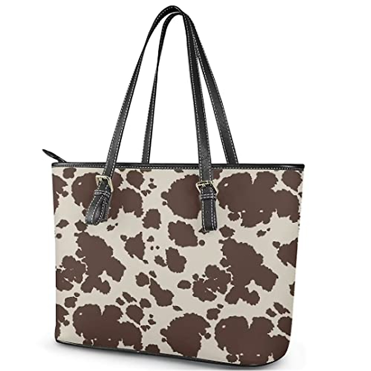 Poetesant Brown Cow Print Handbag for Women Cow Print Tote Bags Color Block Top-Handle Large Purses Casual Leather Shoulder Bags for Business