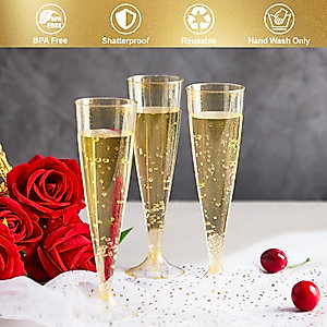 Qeirudu 50 Pack Plastic Champagne Flutes, 4.5 oz Gold Glitter Champagne Glasses Disposable Toasting Glass for Party Wedding Baby Shower Mimosa Bar Supplies