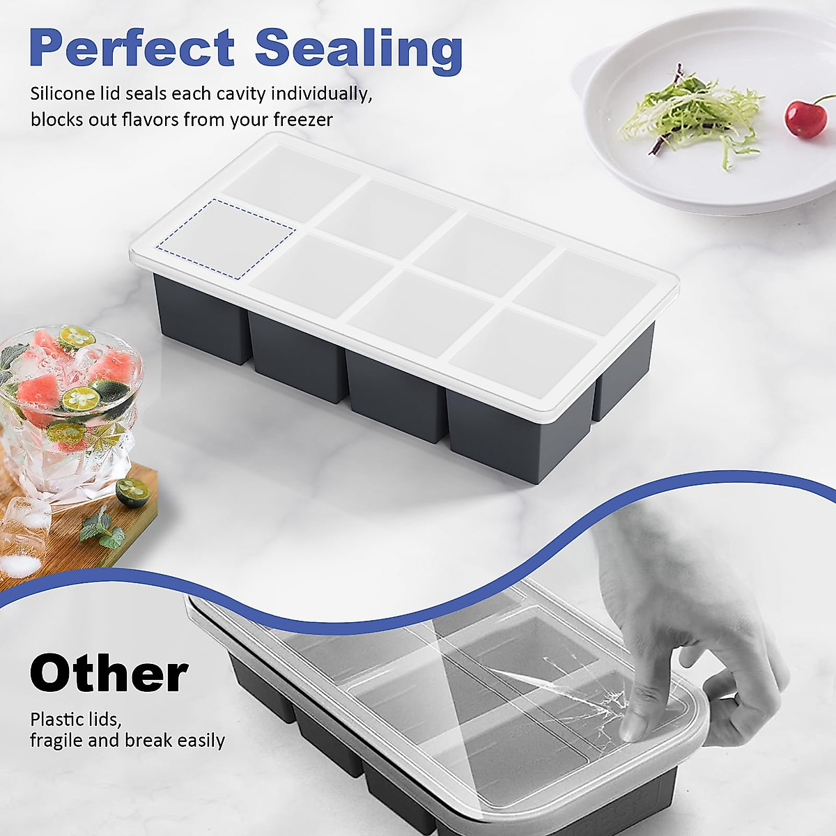 Large Ice Cube Trays for Whiskey: GGOW Big Silicone Ice Cube Trays 2Inch - Huge Square Ice Cubed Tray for Whisky and Cocktail