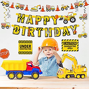 73PCS Construction Birthday Decorations for Boys, Cupcake Toppers, Barricades, Caution Tape, Foil Balloons, Banners, Hanging Swirls, Construction Birthday Party Supplies