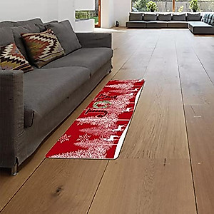 Kitchen Mat Rug Set of 2 Christmas Reindeer Xmas Tree Winter Snow Joy Red Plaid Runner Rug Anti-Fatigue Comfort Memory Foam Standing Mat Non-Slip Floor Door Mat for Bathroom Bedroom 20x32in+20x63in