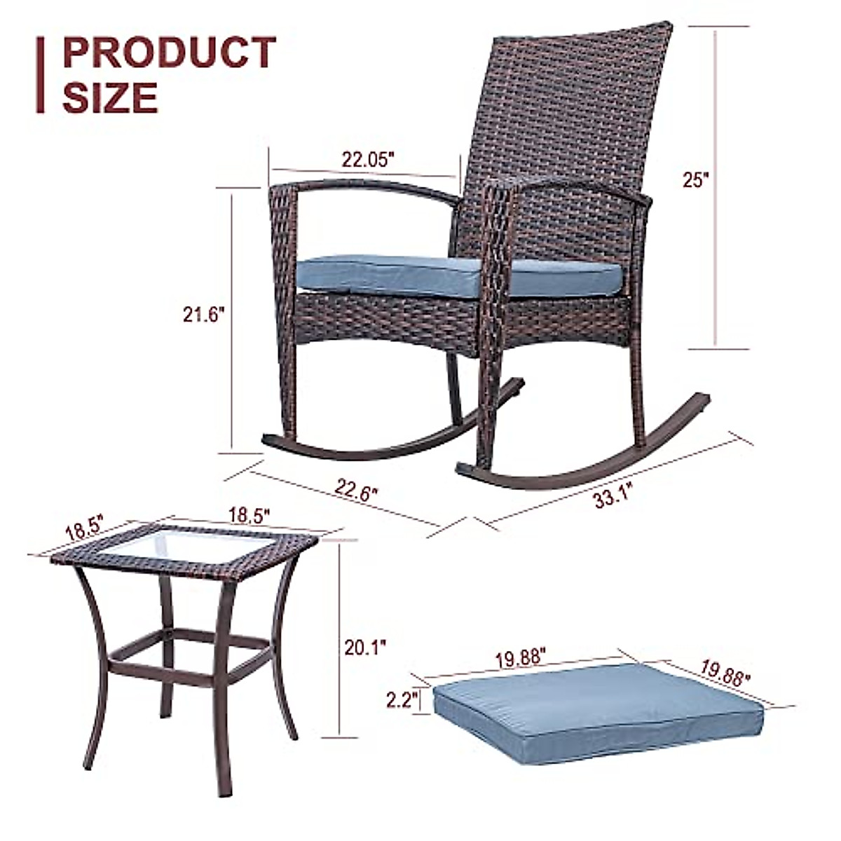 3 Piece Wicker Patio Furniture Sets, Outdoor Wicker Rocking Chairs Patio Bistro Set, Rattan Chairs Patio Furniture Set for Porch Lawn Poolside Backyard with Glass Coffee Table, Brown and Grey