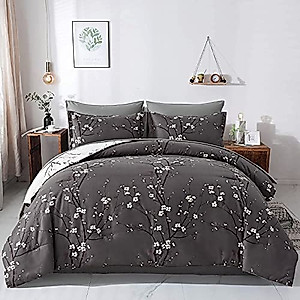 7 Pieces Cmomforter Set Full, Floral Bed in a Bag Comforter Reversible Flower Plum Bedding Set Full Size（1 Comforter,2 Pillowcase,2 Pillow Shames,1 Flat Sheet,1 Fitted Sheet）